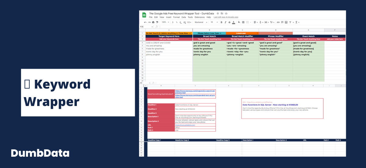 Keyword Wrapper Worksheet + Ads Simulator - DumbData