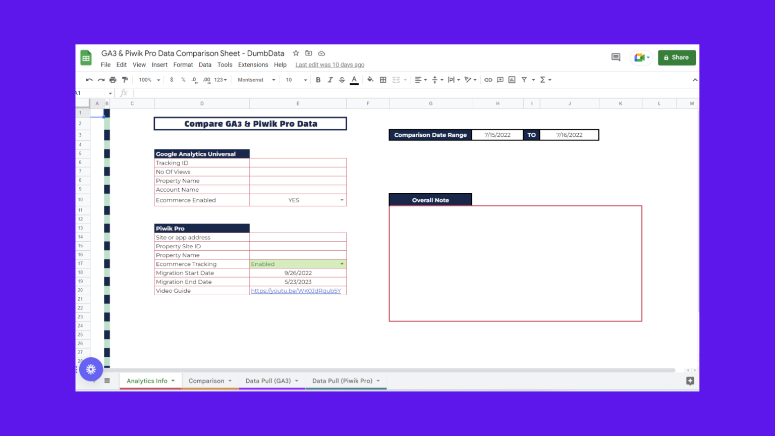 Piwik Pro & GA4 Data Comparison Worksheet – DumbData